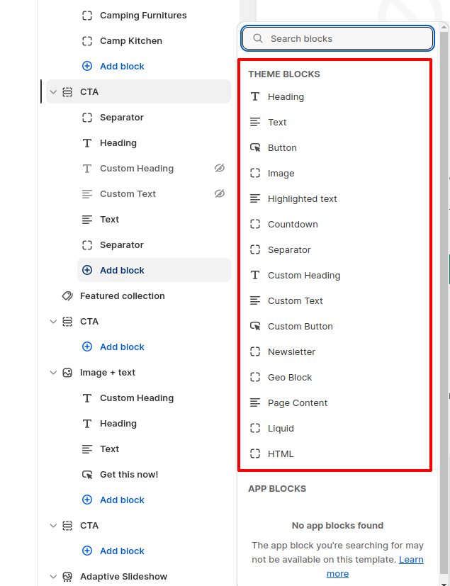 General Layout settings and content blocks